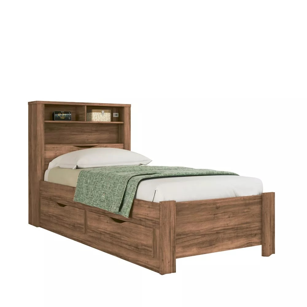 Cama 1 Plaza Con 2 Cajones Y Estanteria Jatoba - Muebles Express